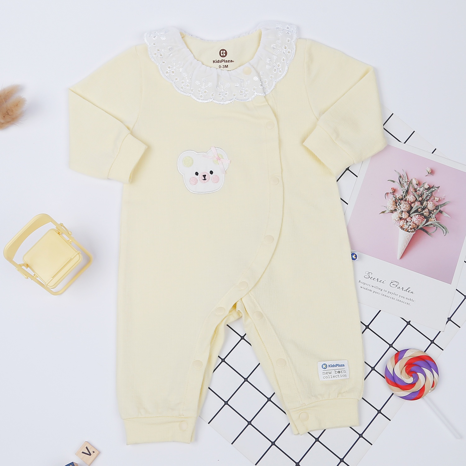 Body bé gái KidsPlaza cổ ren bèo thêu gấu HN22D (Vàng) - Kids Plaza